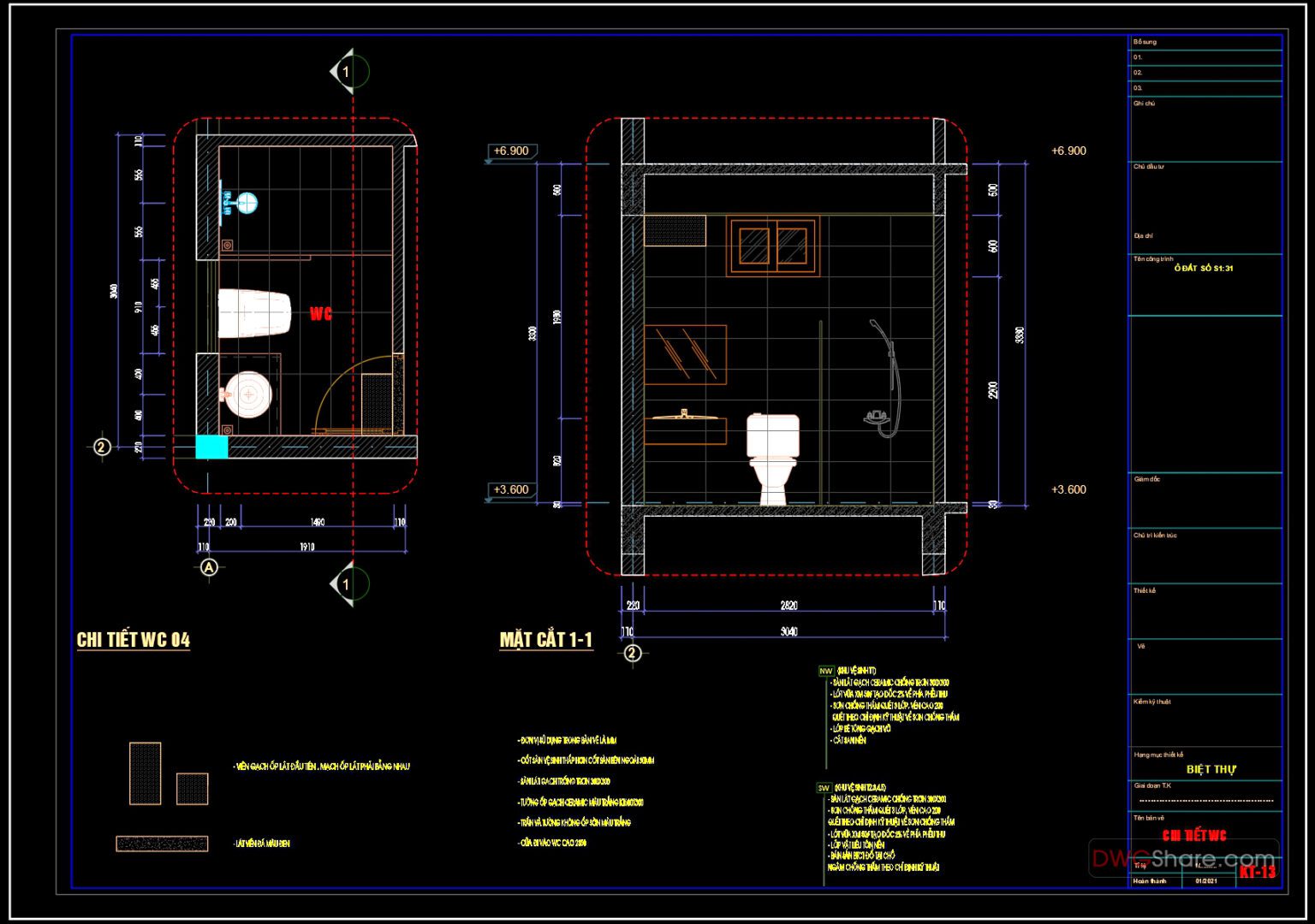 69.WC Layout Plan and elevations details AutoCAD drawing download