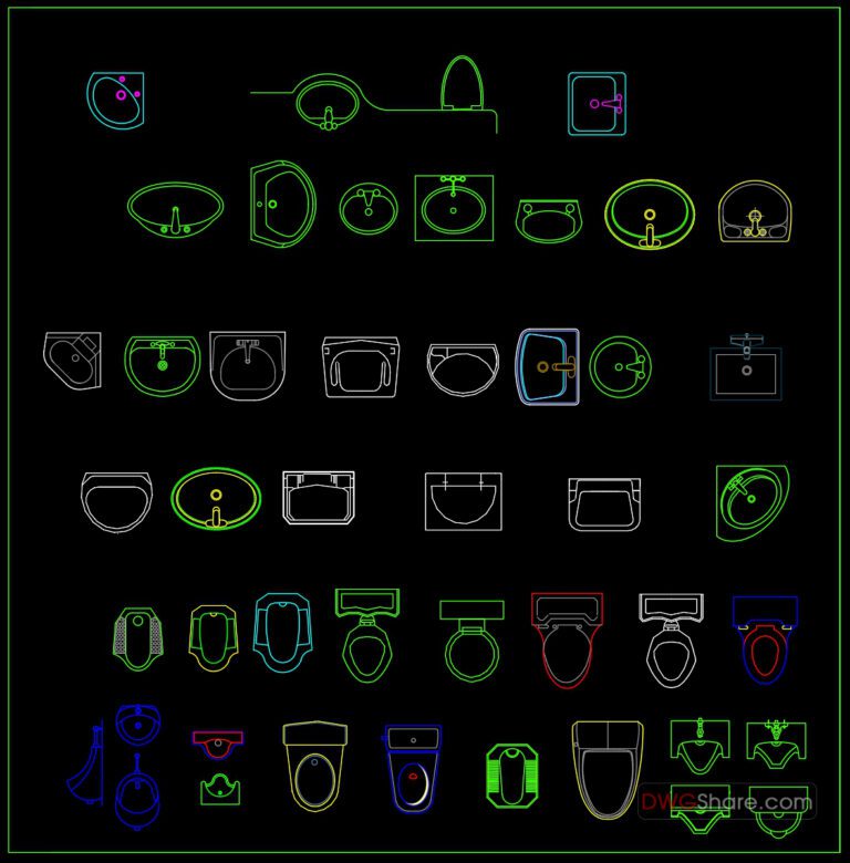71.Bathtub, Wash basin, Toilet bowls free AutoCAD drawing download