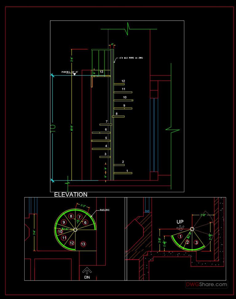 45.Helicoidal Steel Stair Elevation and Plan Details CAD