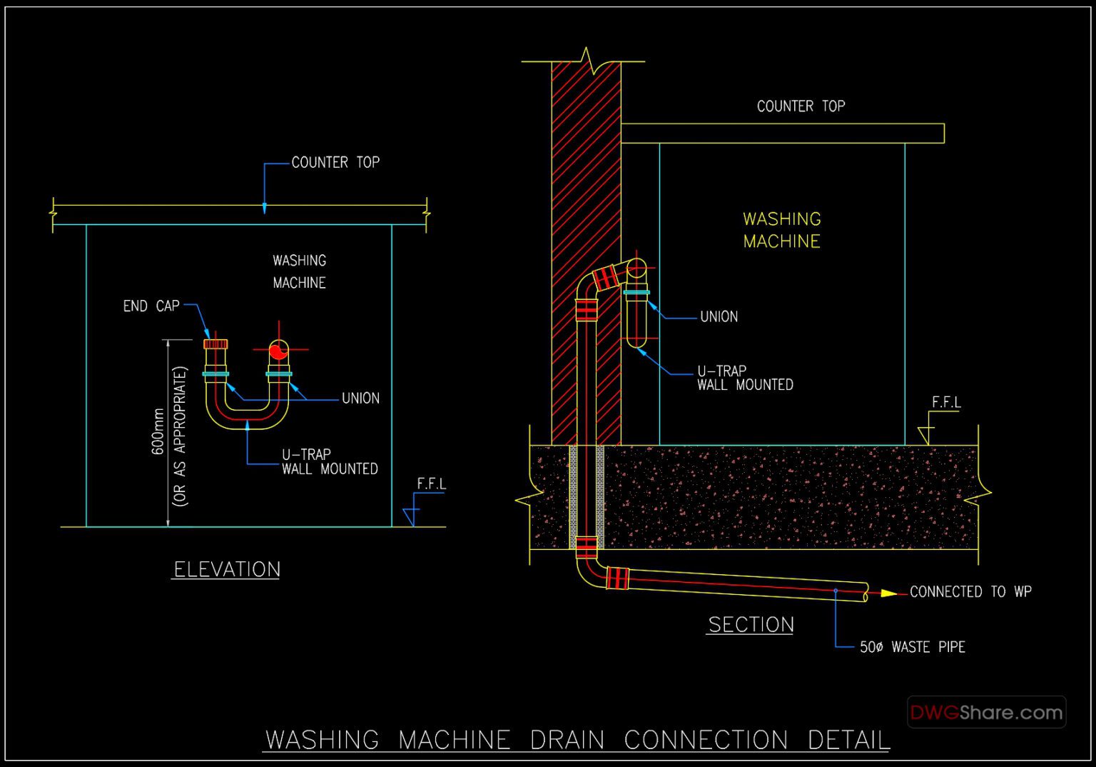 66.Washing Machine Drain Connection Detail CAD Drawing DWG