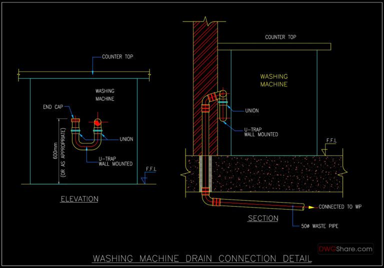 66.Washing Machine Drain Connection Detail CAD Drawing DWG