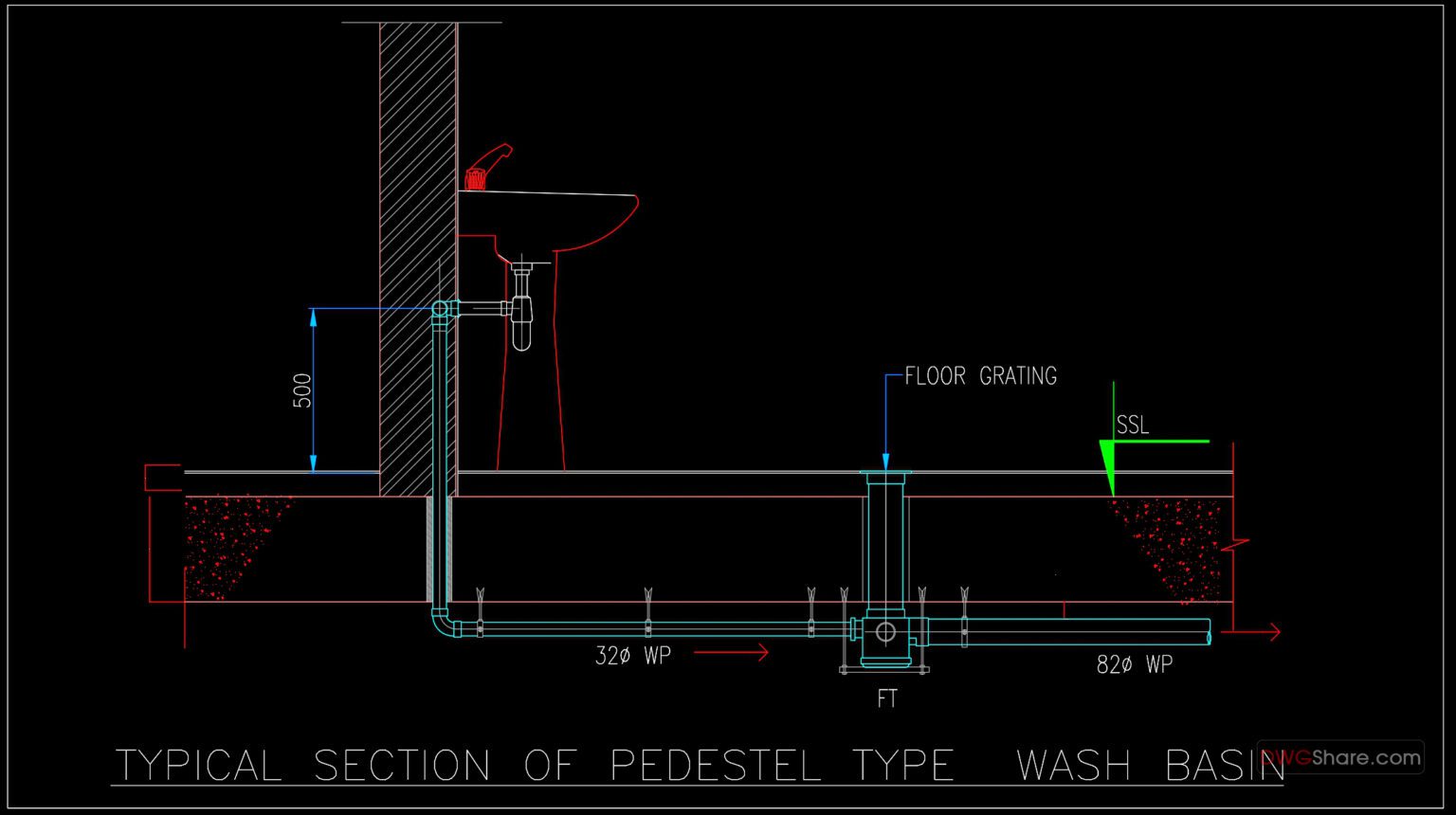 69.Typical Section of Pedestel Type Wash Basin CAD Drawing DWG