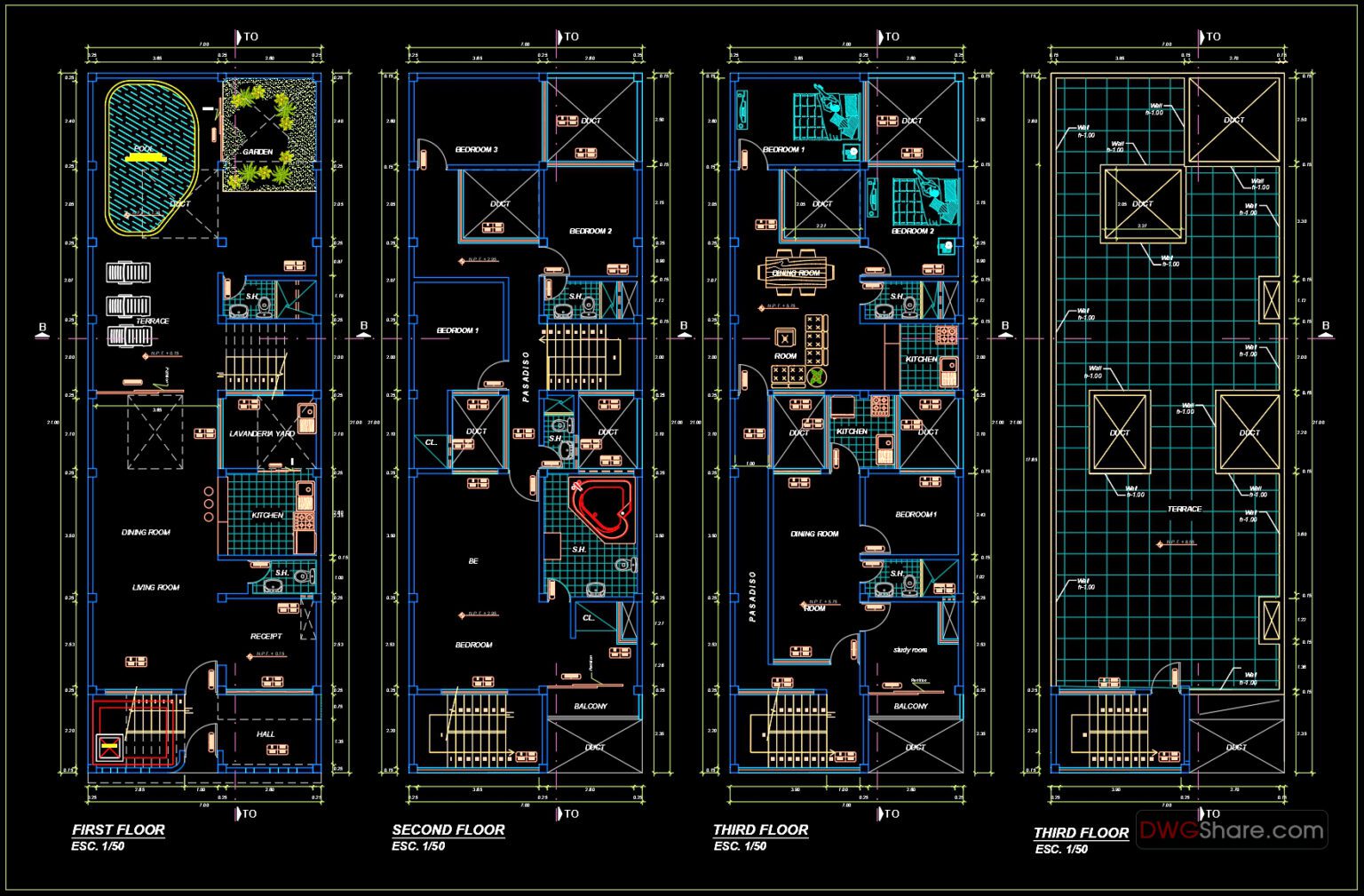 107.Autocad House Plan Free DWG Drawing Download 7x21m