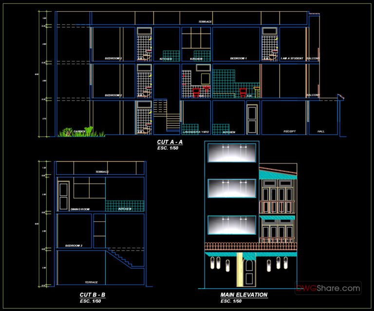 107.Autocad House Plan Free DWG Drawing Download 7x21m