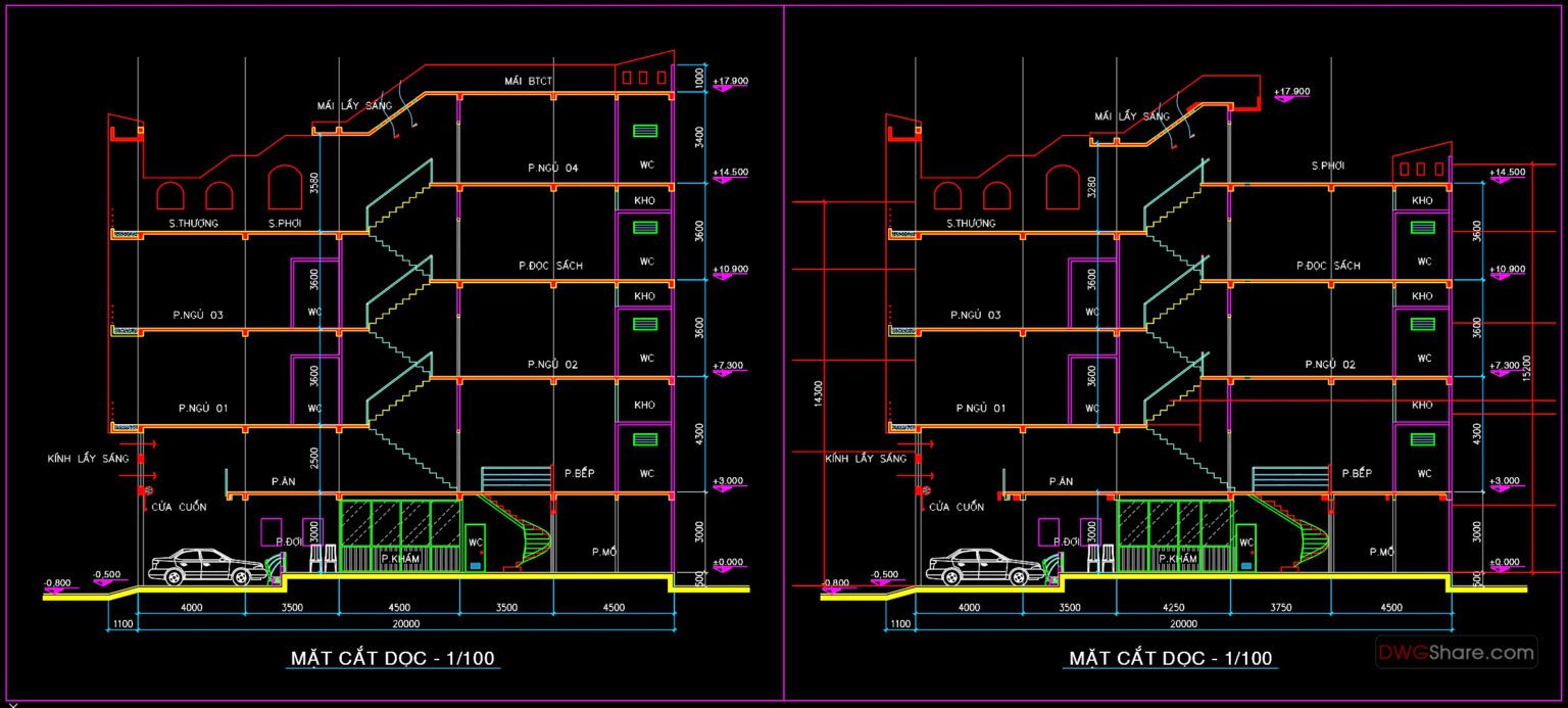 3 Stories House Plans and Sections Details AutoCAD File 3.6X20m