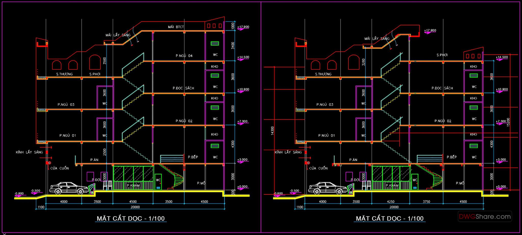 3 Stories House Plans and Sections Details AutoCAD File 3.6X20m