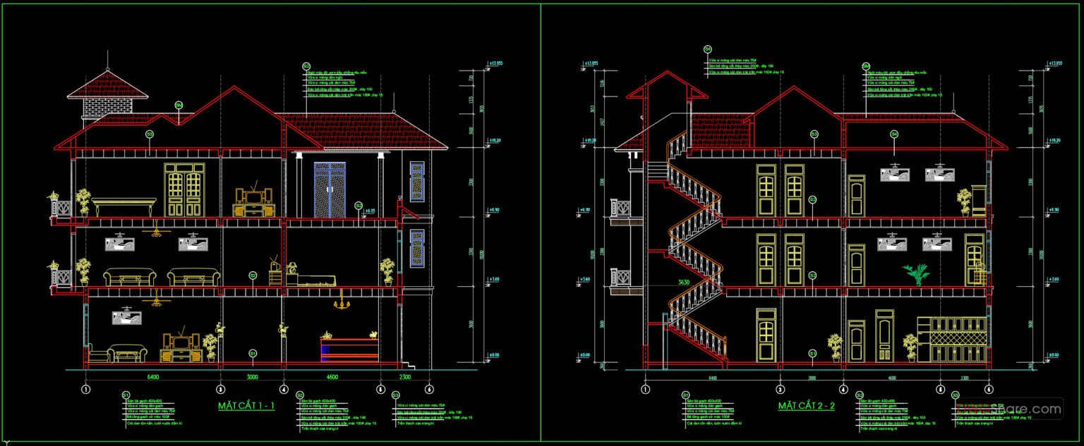 3-Story Classic Villa Plans, Faces and Sections Details AutoCAD File ...