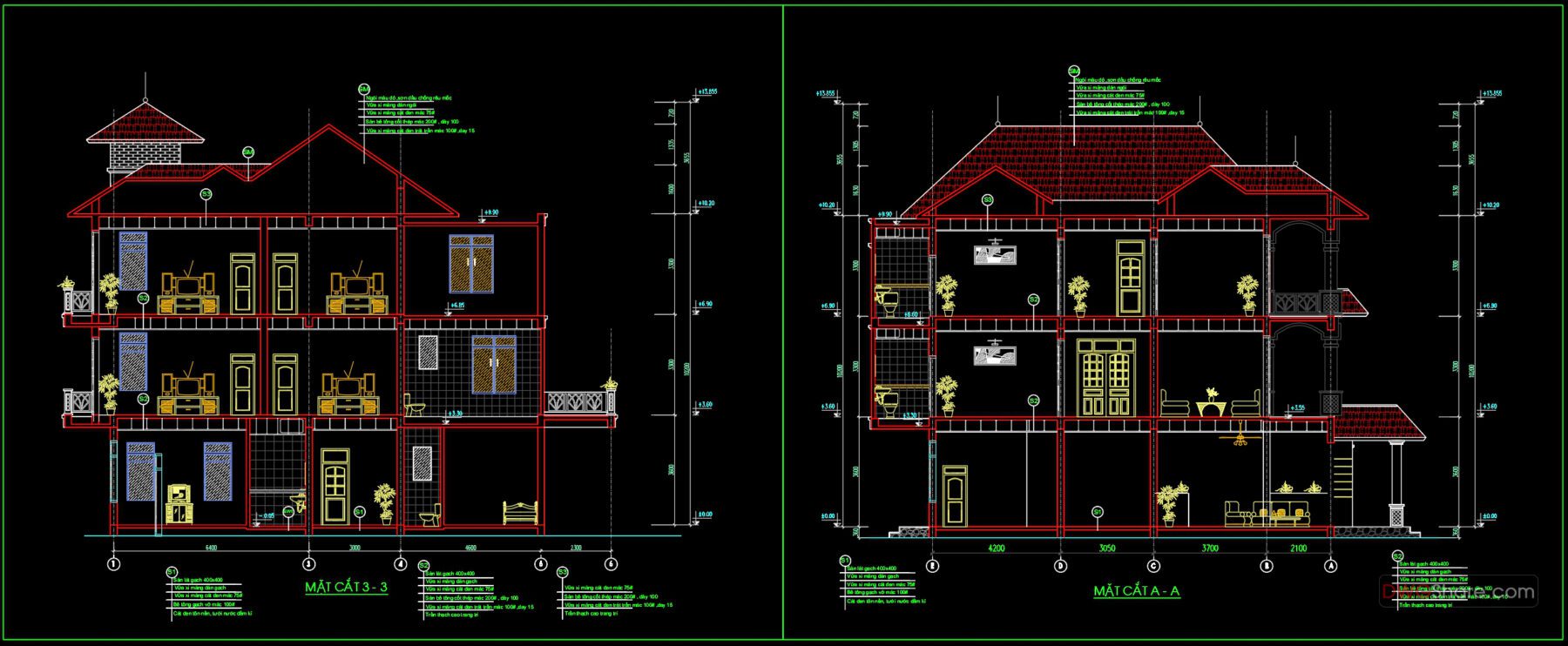 3-Story Classic Villa Plans, Faces and Sections Details AutoCAD File ...