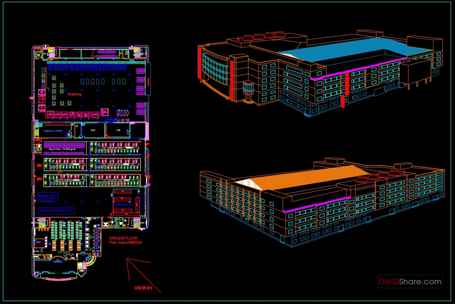 31.Industrial Factory Plan Elevation and 3D View CAD