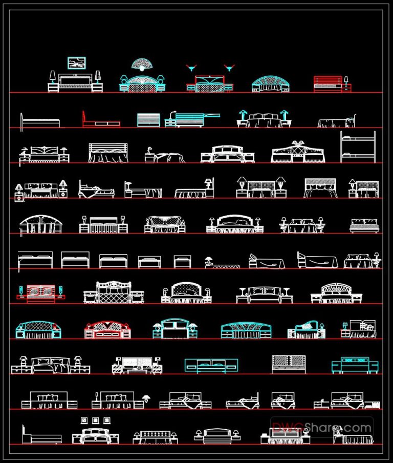 34. Beds front view AutoCAD blocks free download