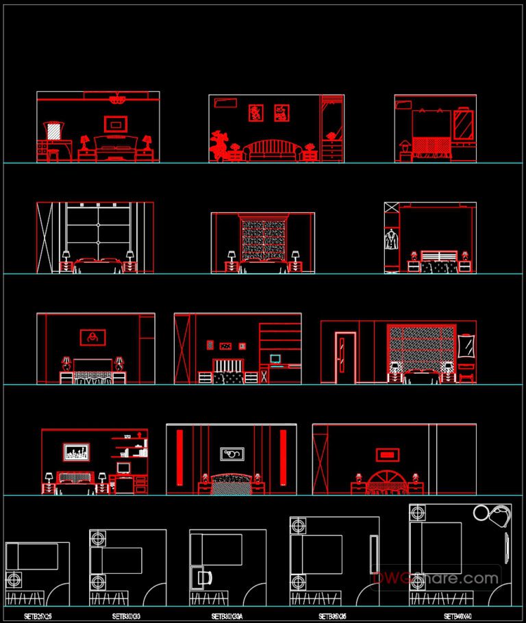 38.Beds front view AutoCAD blocks free download