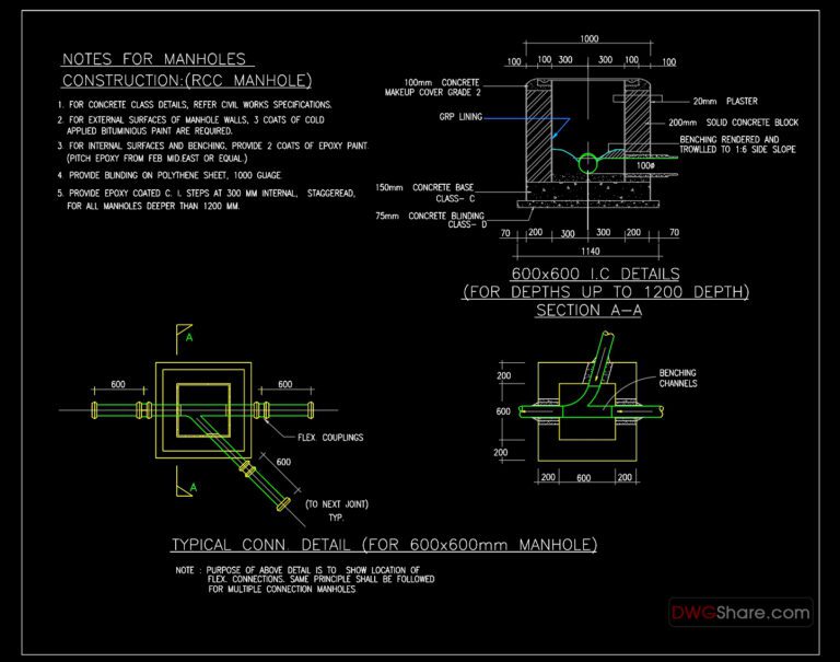 74.Typical Manhole Connections Details CAD Drawing DWG