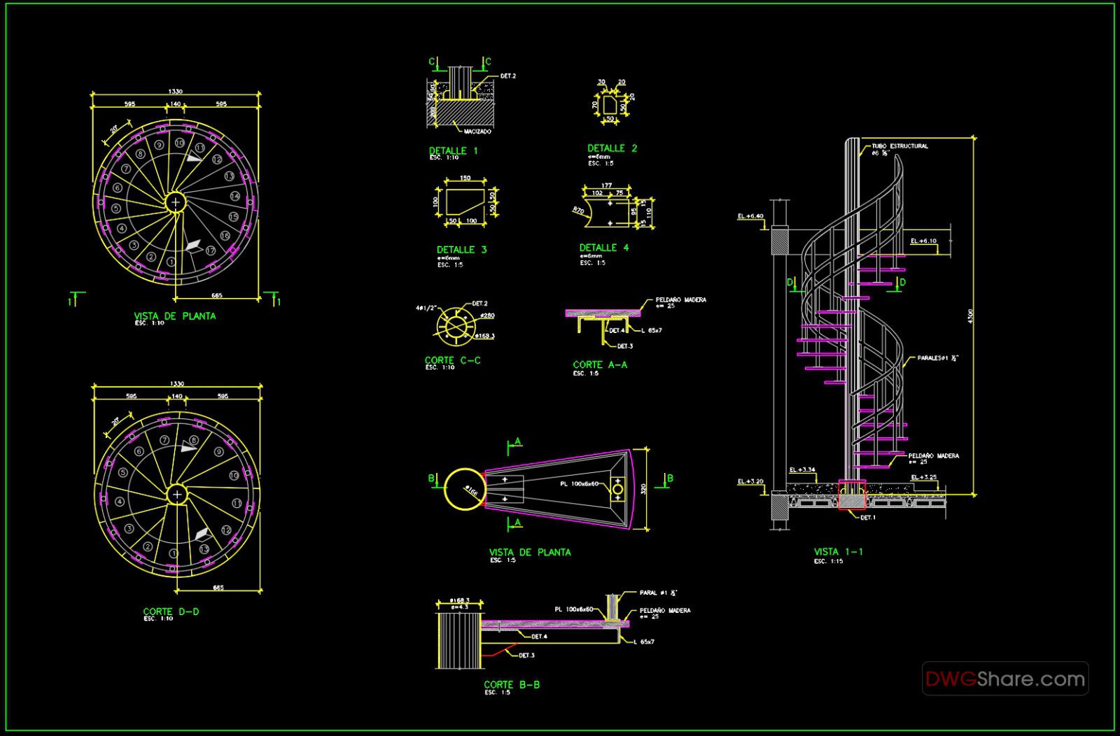 Free Download Spiral Staircase CAD Drawings with Sections and Details