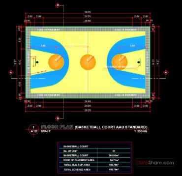 Autocad drawings of Basketball Court For Free Download
