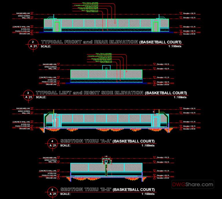 Autocad drawings of Basketball Court For Free Download