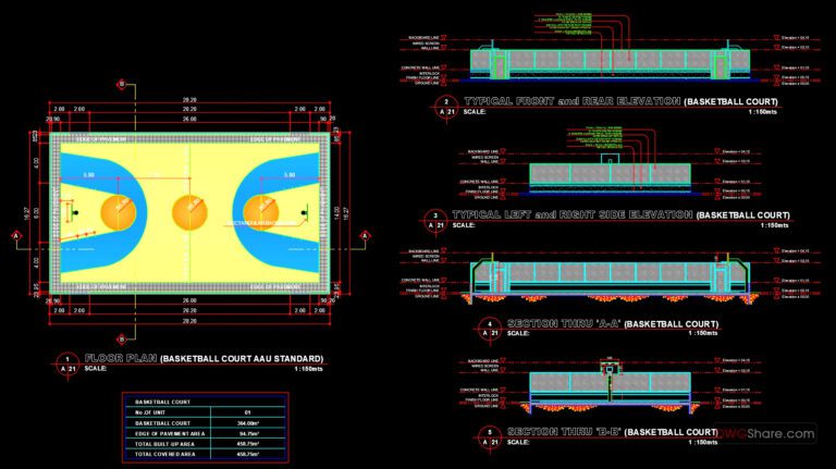 Autocad drawings of Basketball Court For Free Download