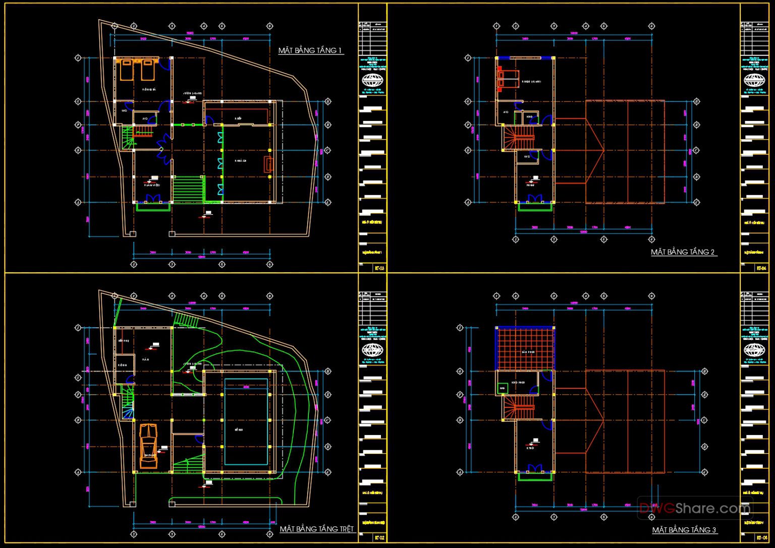 2-Story Villa Plans, Faces and Sections Details AutoCAD File 15mx13.5m