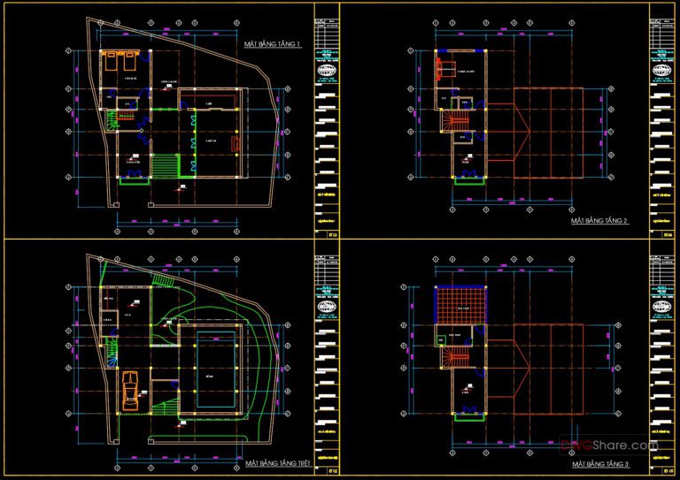 2-Story Villa Plans, Faces and Sections Details AutoCAD File 15mx13.5m