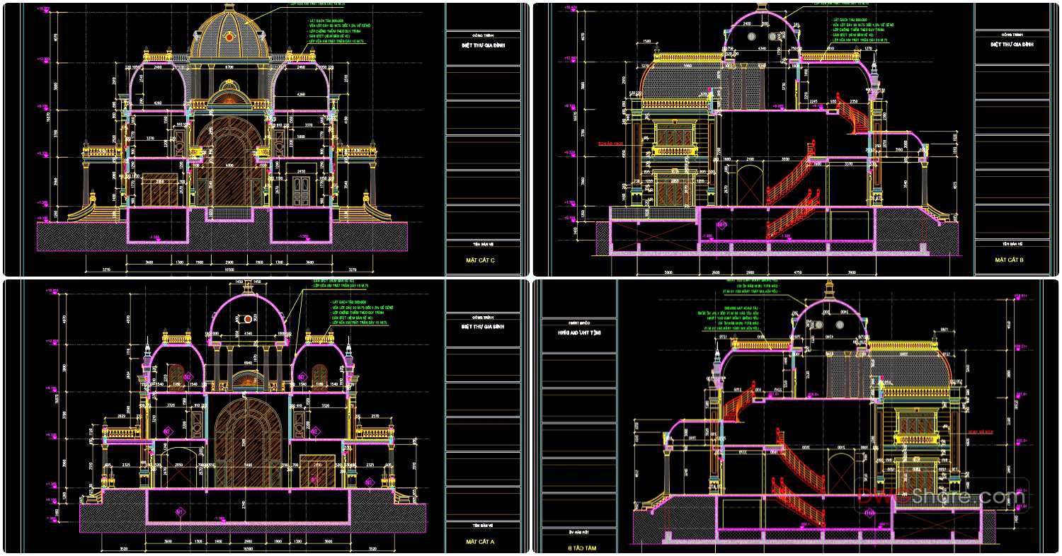 3-Story Classic Villa Sections Details AutoCAD File 16.5x19m
