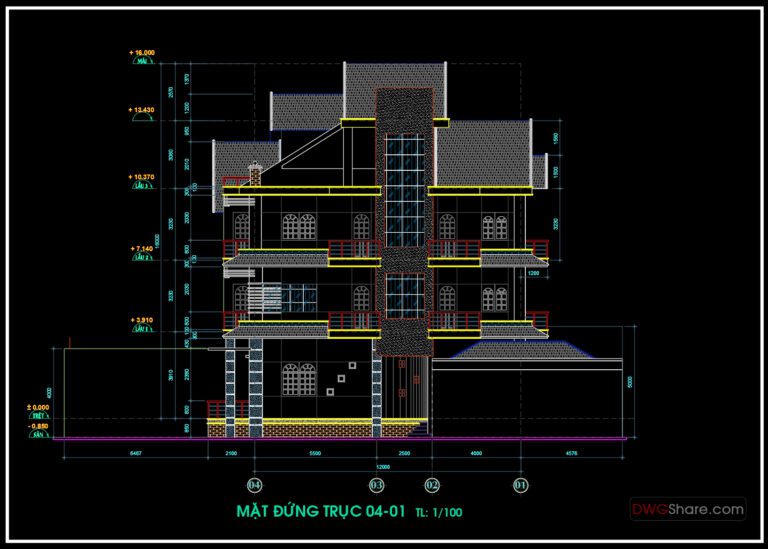 4-Stories House a Complete Project AutoCAD File 8x12m