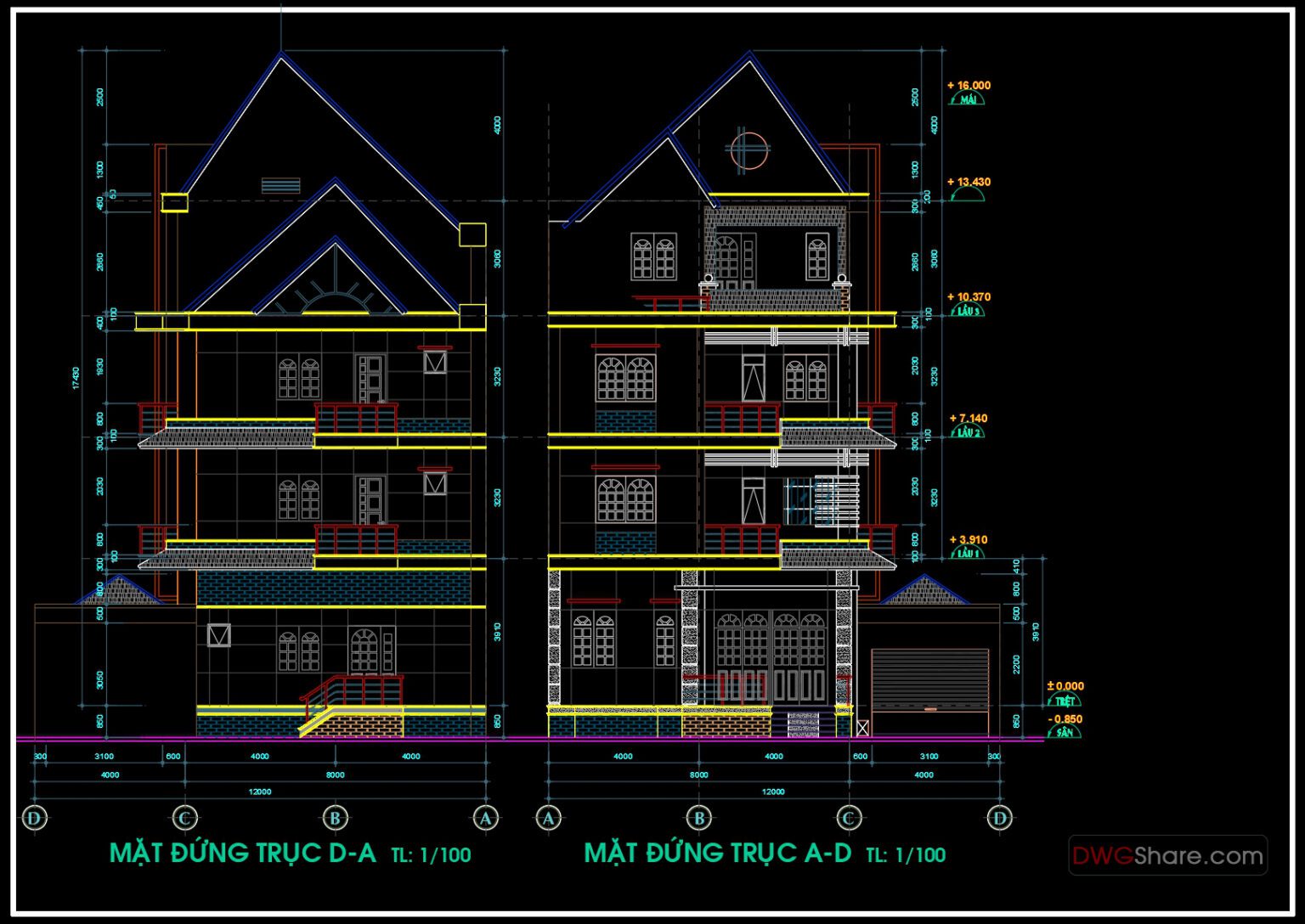 4-Stories House a Complete Project AutoCAD File 8x12m