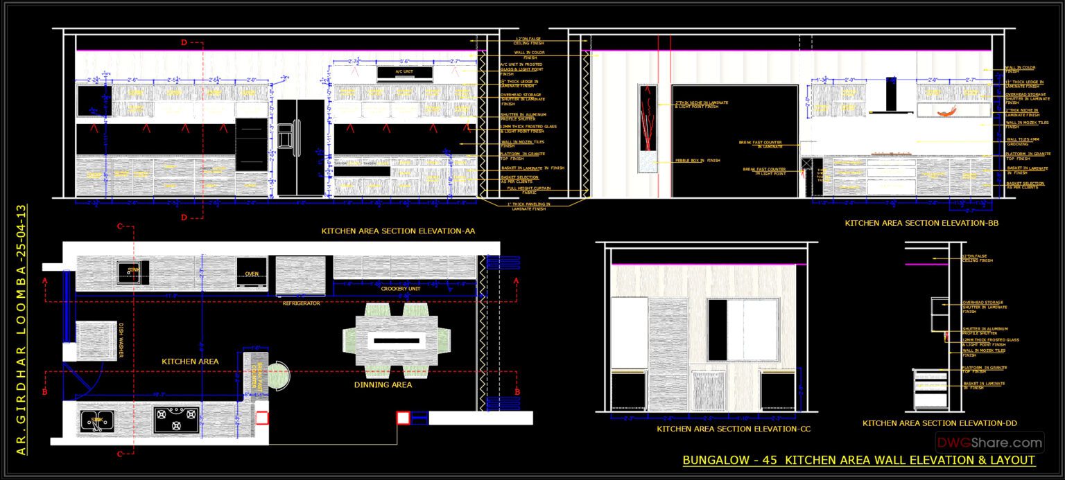 89.Detailed Drawings Of Modular Kitchen In Autocad File