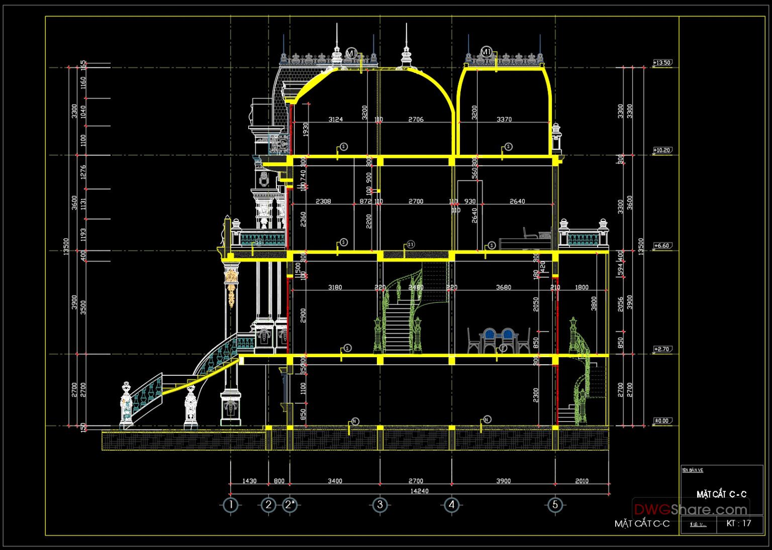 4-Story Classic Villa Sections Details AutoCAD File 10x22m