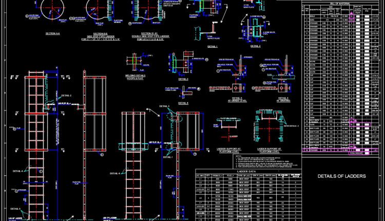 61.Free Download of Ladders Elevation and Sections Autocad Drawing DWG ...