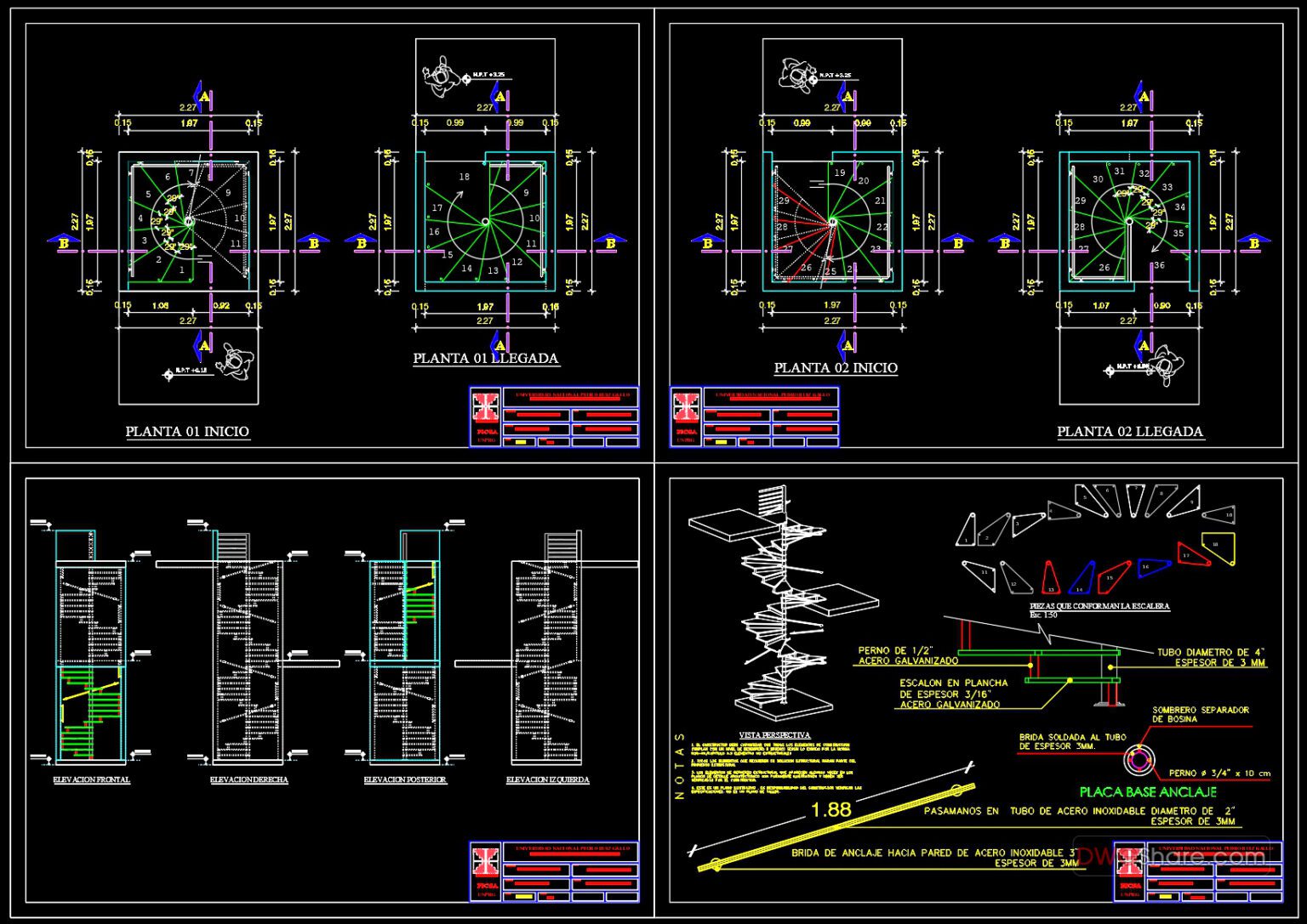 85.Detailed drawings of spiral staircases in autocad file