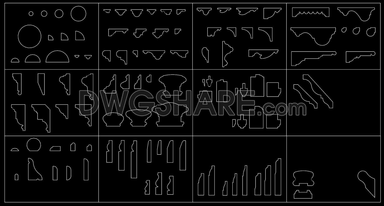 92.Detailed drawings of wooden moldings, handrails for stairs, balcony ...