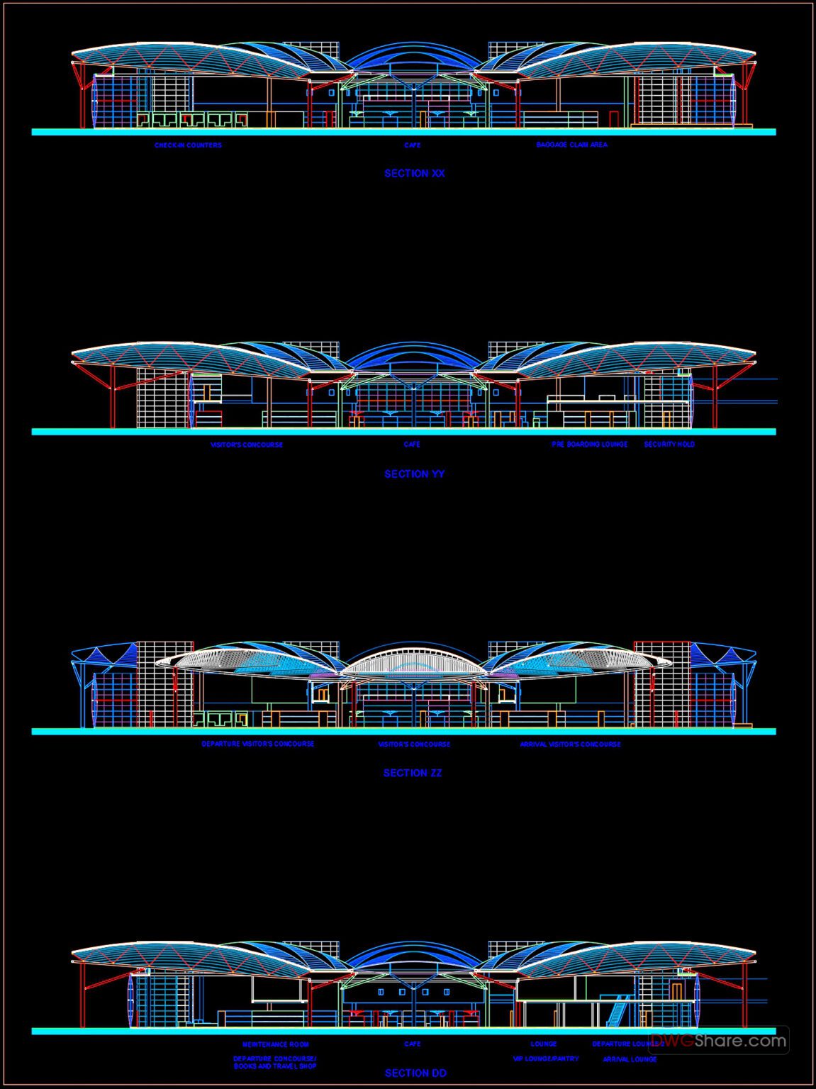 Autocad Drawing Of Airport Design Plan And Elevation For Download