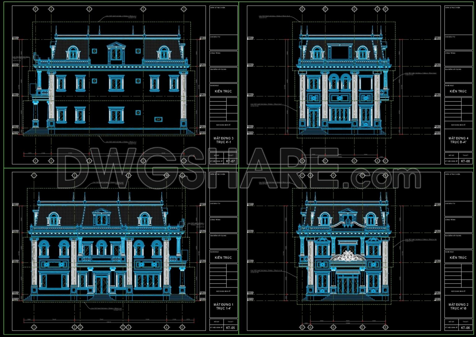 2-Story Classic Villa Plans, Faces Details AutoCAD File 10x19.8m