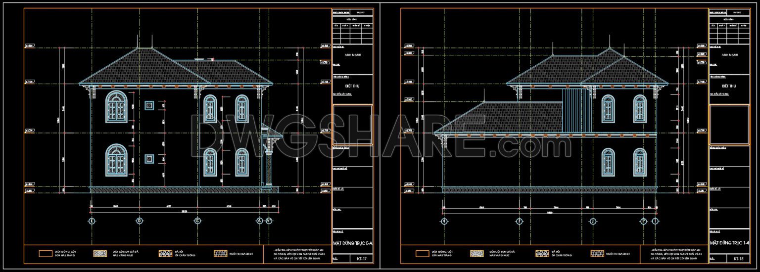 2-Story House Elevations and Sections Details AutoCAD File 14.8m x 13.2m