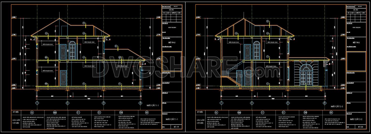 2-Story House Elevations and Sections Details AutoCAD File 14.8m x 13.2m