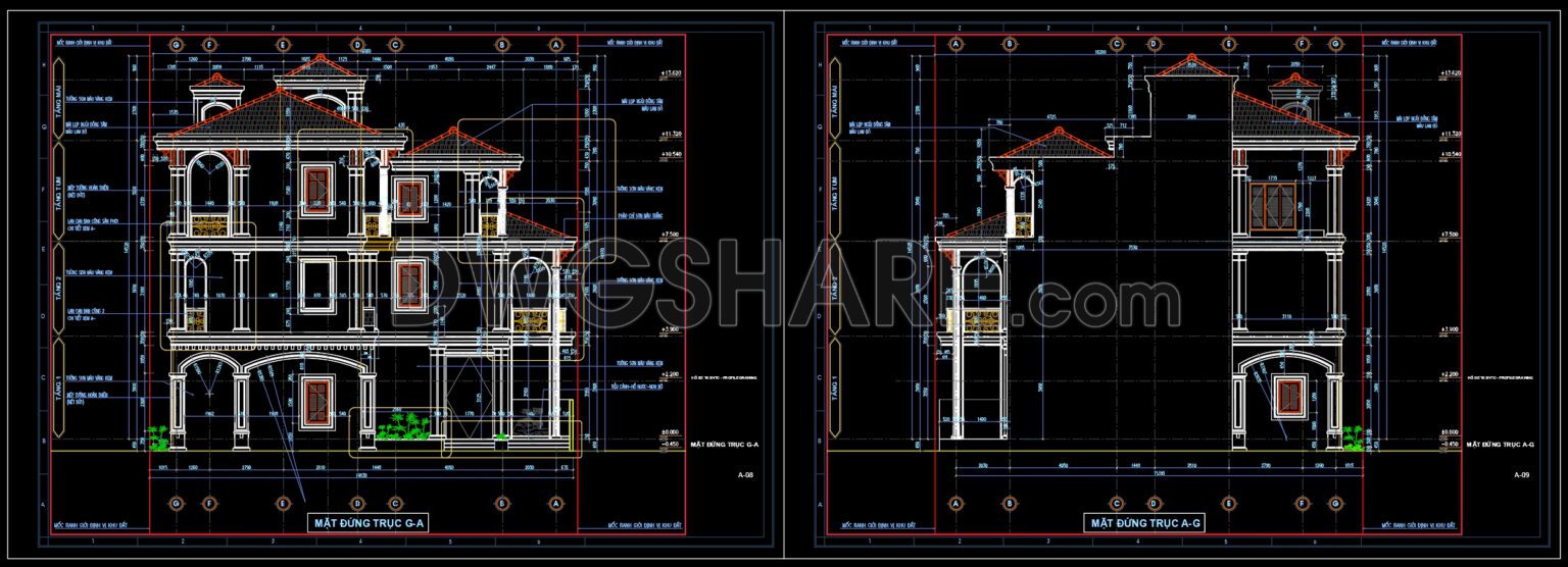 Autocad Drawing Of 3-Story Modern Villa 11.6m x16m For Download