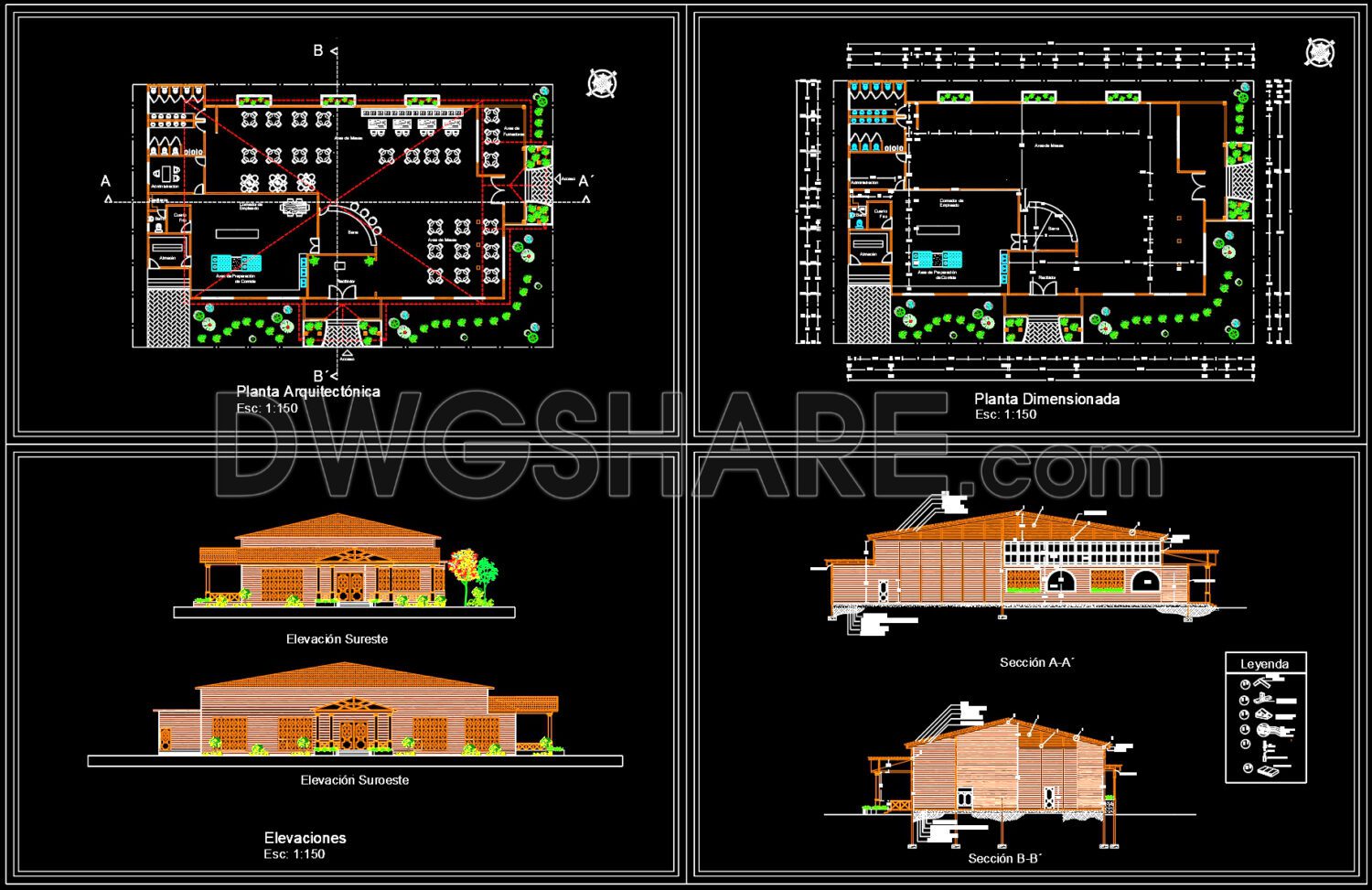 Autocad Drawings Of 1-Story Restaurant Plans, Elevations And Sections ...