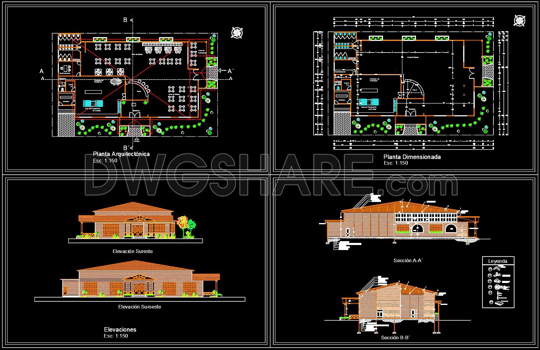 Autocad Drawings Of 1-Story Restaurant Plans, Elevations And Sections ...