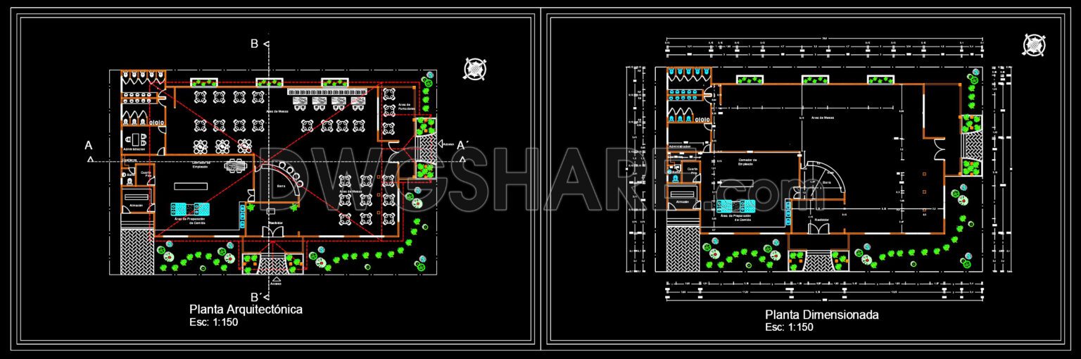 Autocad Drawings Of 1-Story Restaurant Plans, Elevations And Sections ...
