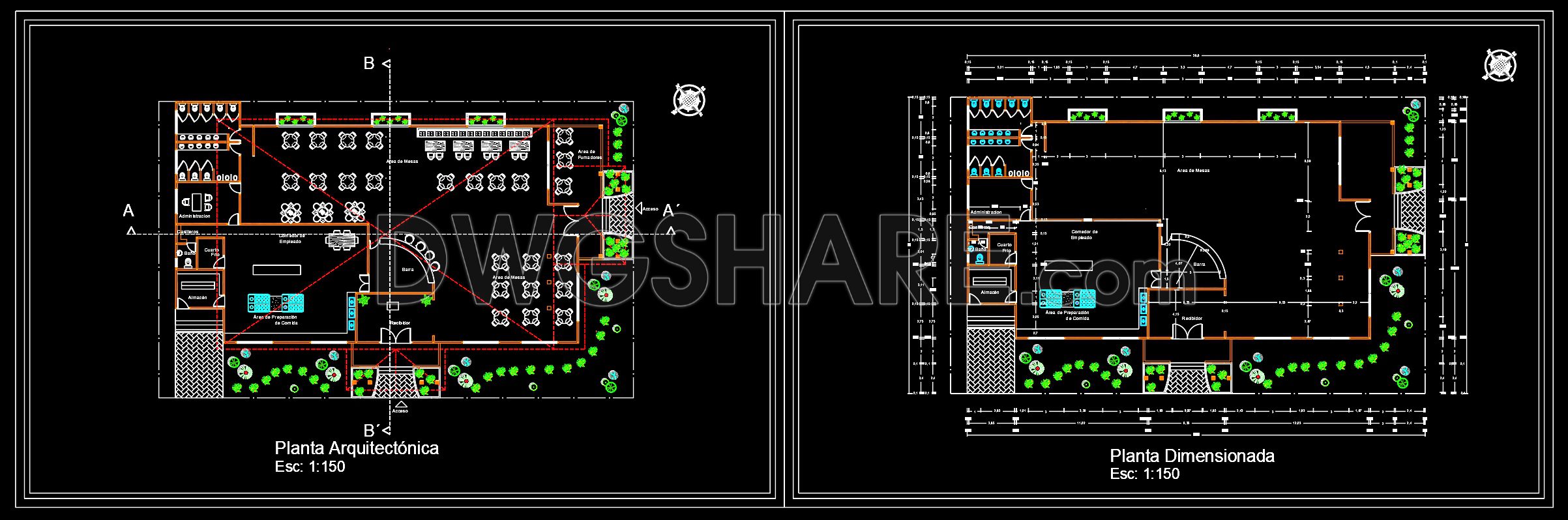 Autocad Drawings Of 1-Story Restaurant Plans, Elevations And Sections ...