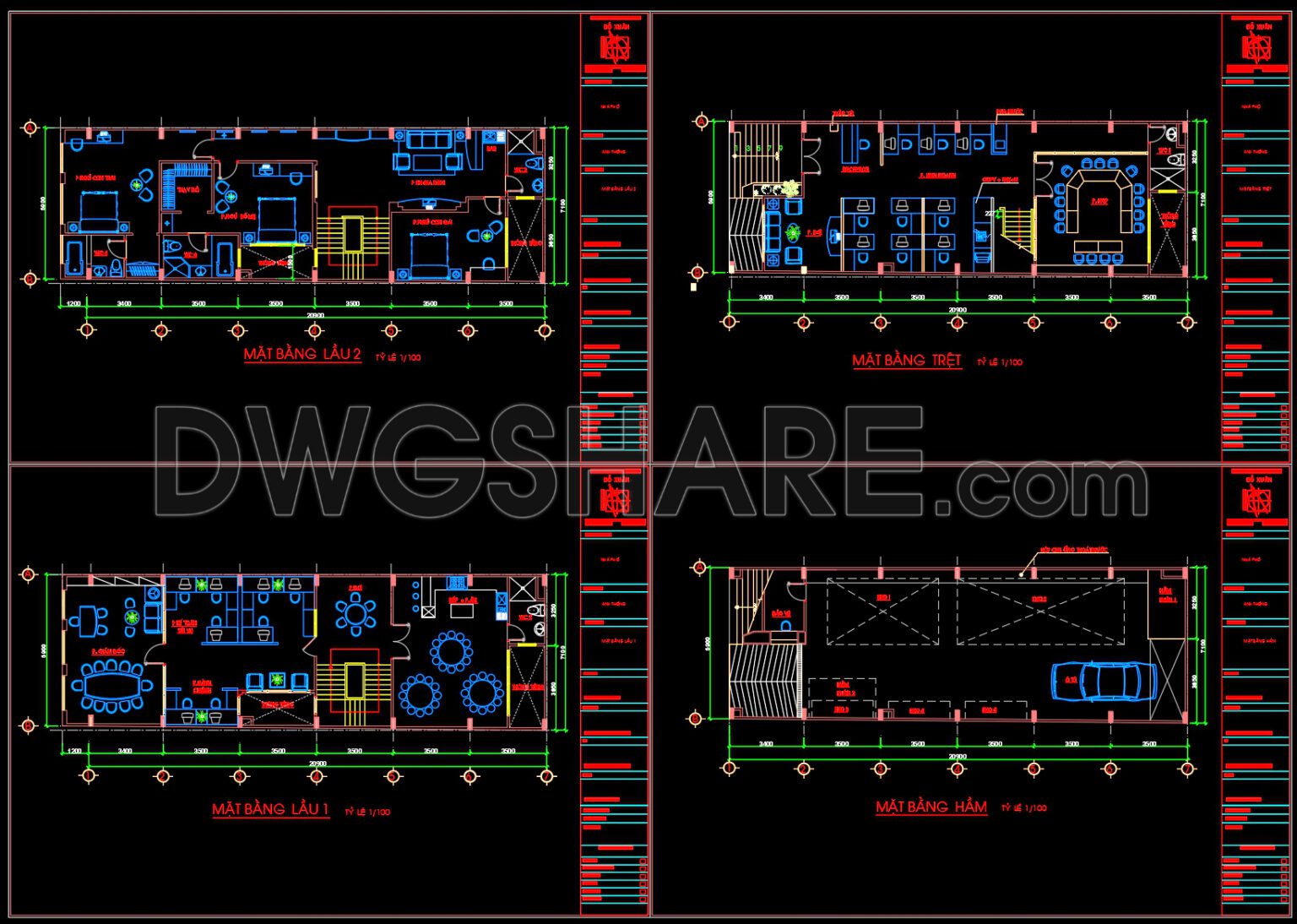 Autocad Drawings Of 4-Story House Plans, Elevations And Sections 7x21m ...