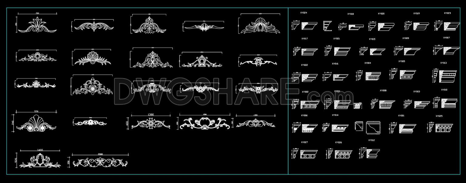 138.Detailed drawings of decorative patterns and moldings in CAD format