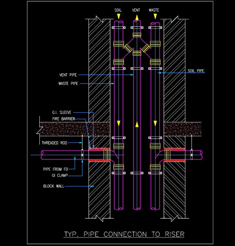 92.Free Download of Pipe Connection to Riser Detail Autocad Drawing DWG