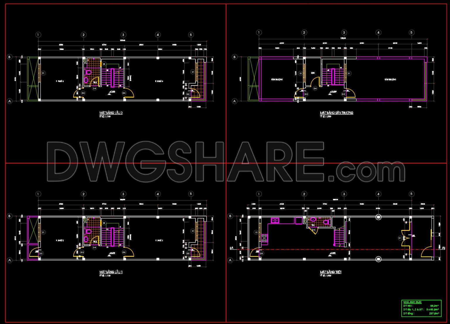Drawing Of 3-Story House A Complete Project 4m x 13.6m For Download