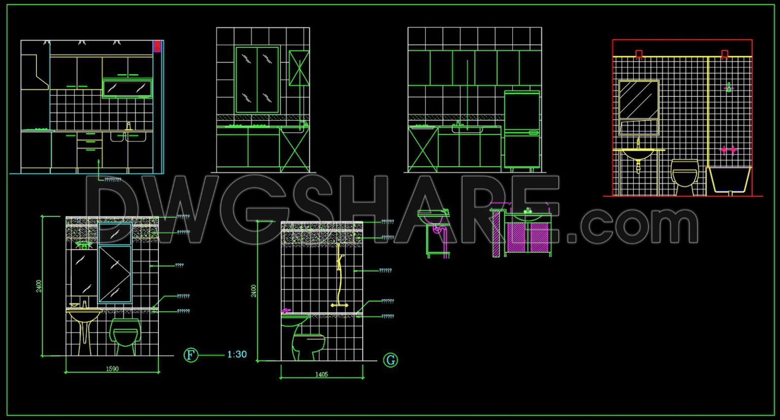 121.Bathtub, Wash basin, Toilet bowls free AutoCAD drawing download