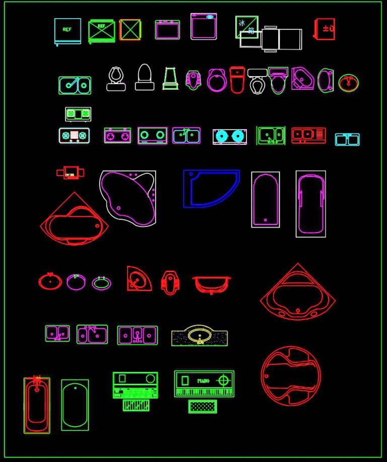123.Bathtub, Wash basin, Toilet bowls free AutoCAD drawing download