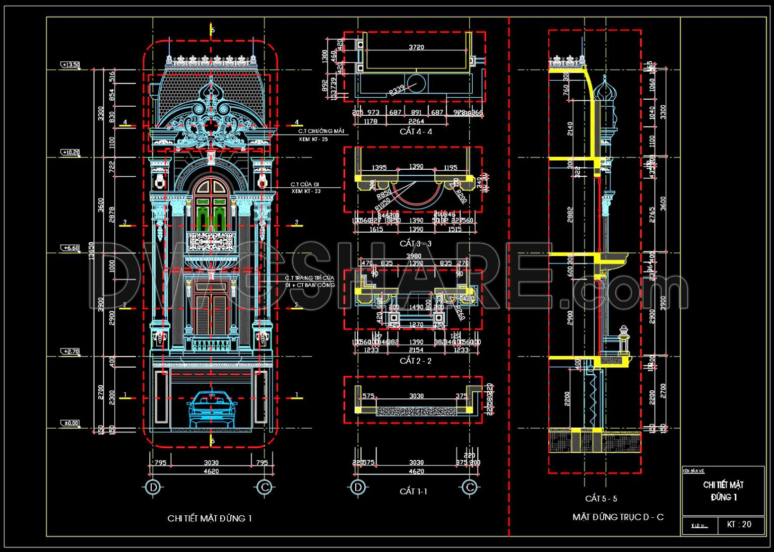 146.Detailed AutoCAD drawings of vertical facades in classical architecture