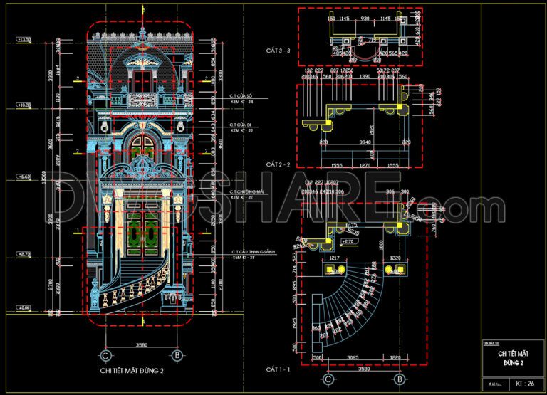 149.Detailed AutoCAD drawings of vertical facades in classical architecture