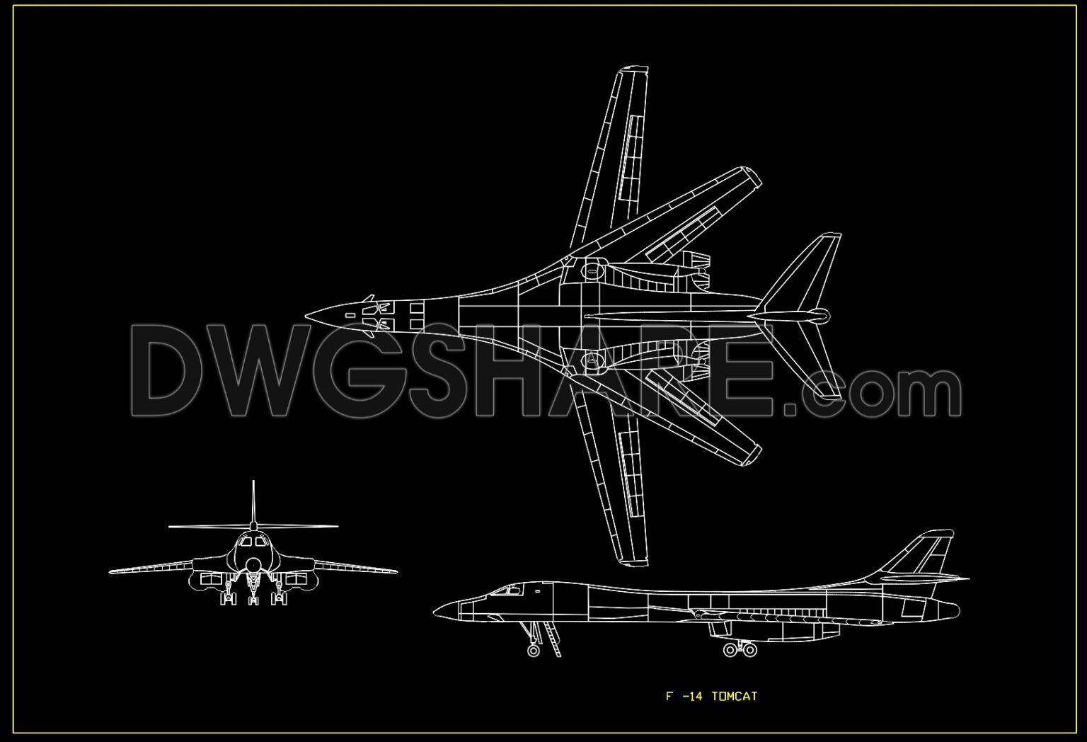 72.Autocad Drawings Of TOMCAT aircraft, side view, front view, plan view airforce aircraft For ...
