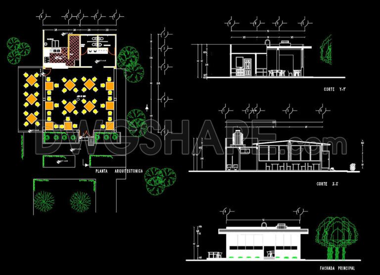 Autocad Drawings Of 1-Story Coffee Plans, Elevations And Sections For ...