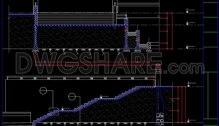 112.Autocad drawing of the detailed three-step staircase in a building ...